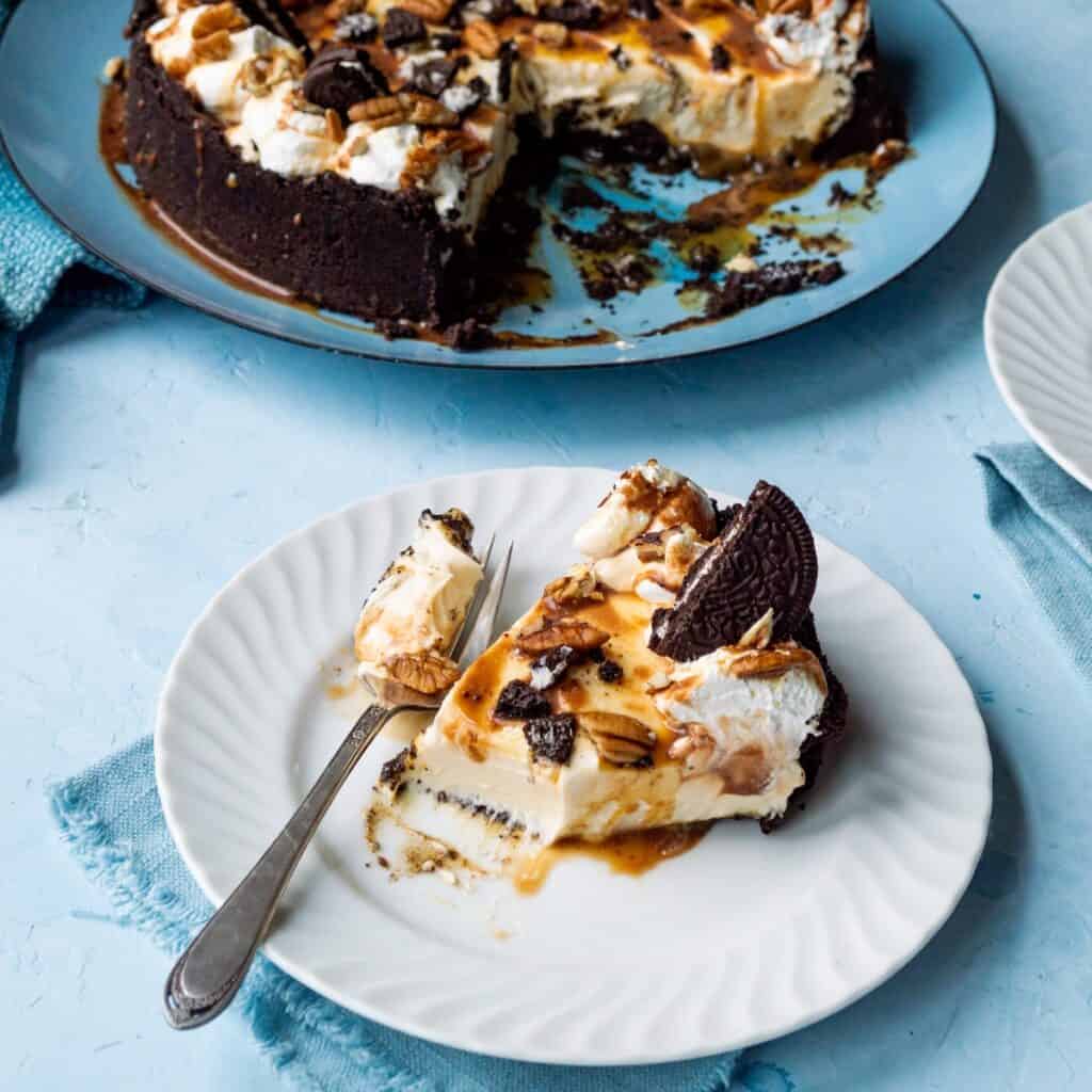 The Ultimate No Bake Turtle Pie with Chocolate Crust - Little Black Skillet